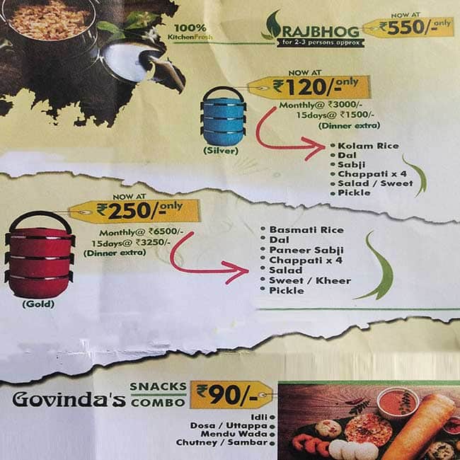 Menu of Govinda's Restaurant, Juhu, Mumbai