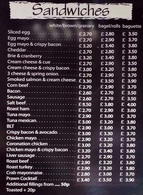 Menu at Scoffs Sandwich Bar, London