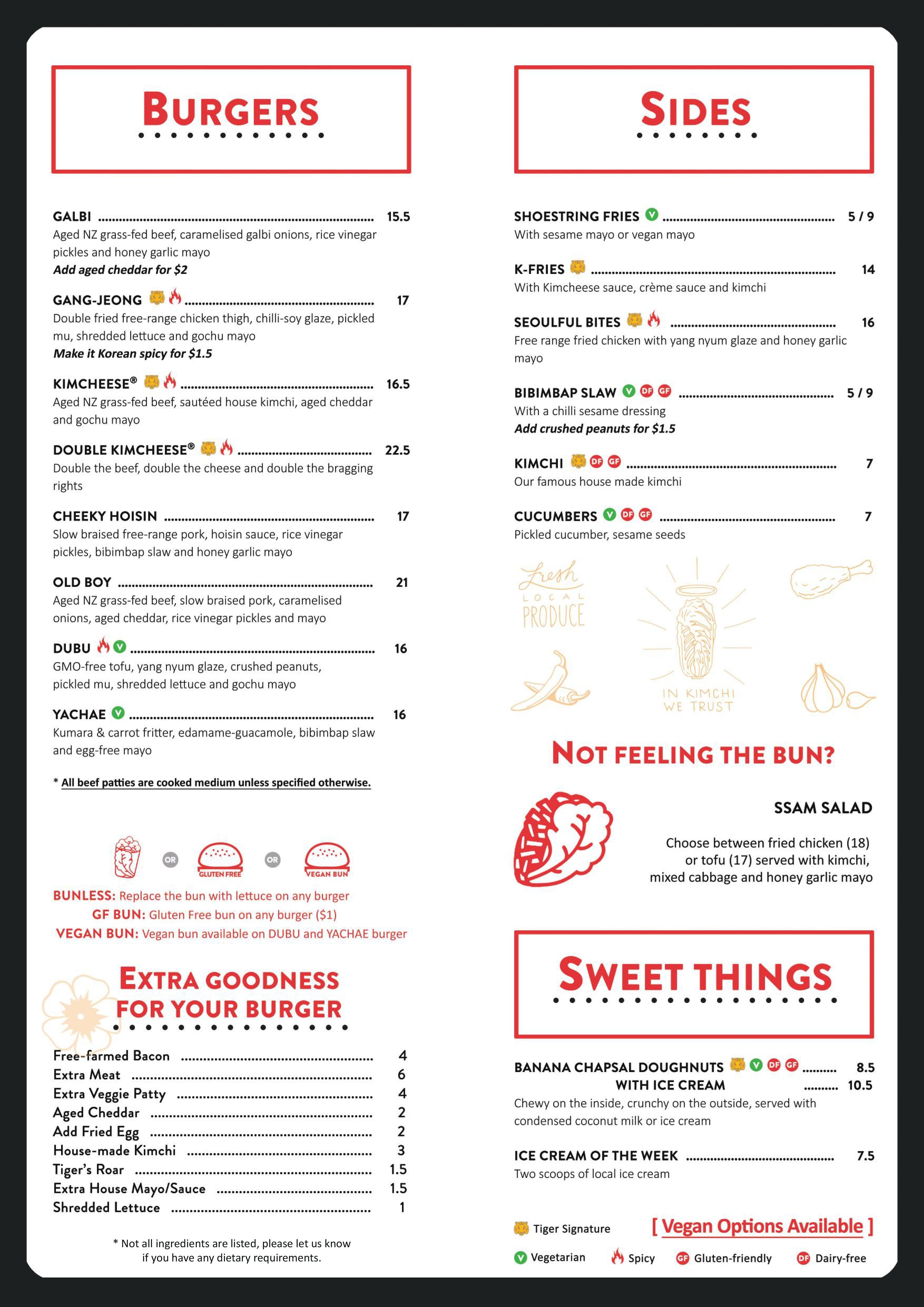 Menu at Tiger Burger restaurant, Auckland, 549 Great N Rd