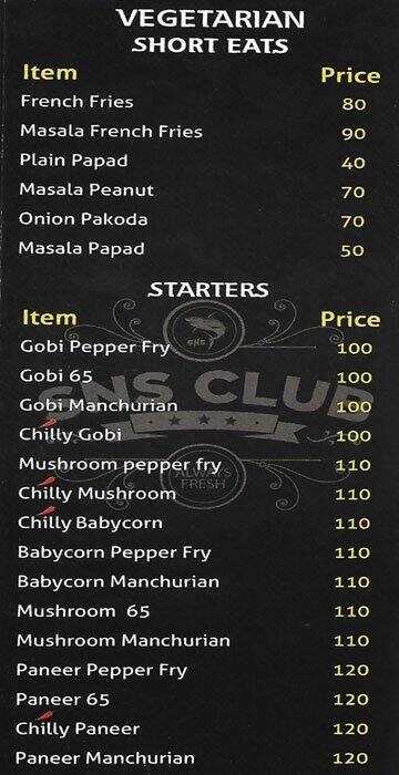 SNS Club Menu, Menu for SNS Club, Adyar, Chennai - Zomato