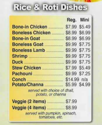Menu at Drupati's fast food, Toronto, Bellamy Rd N