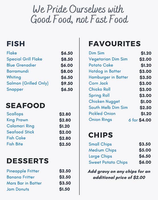 Menu at Broadway Fish & Chips Shop restaurant, Reservoir