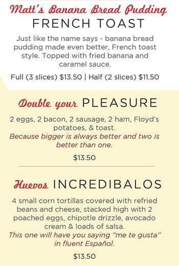 Menu at Floyd's Diner restaurant, Langford