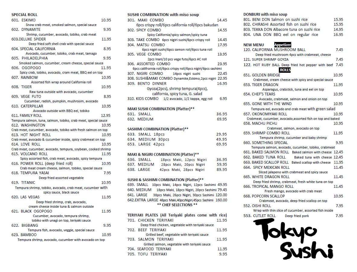 Menu at Tokyo Sushi restaurant, Winnipeg, Portage Ave Menu at Tokyo Sushi restaurant, Winnipeg, Portage Ave