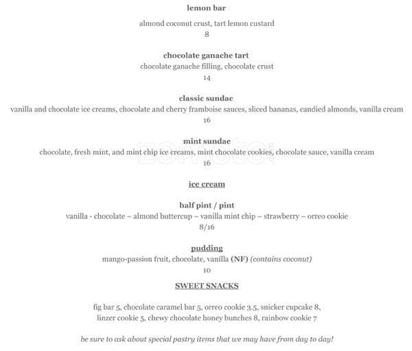 Menu at Pure Food & Wine restaurant, New York City