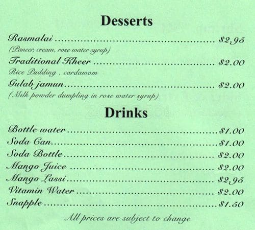 Menu at Chapati House restaurant, New York City