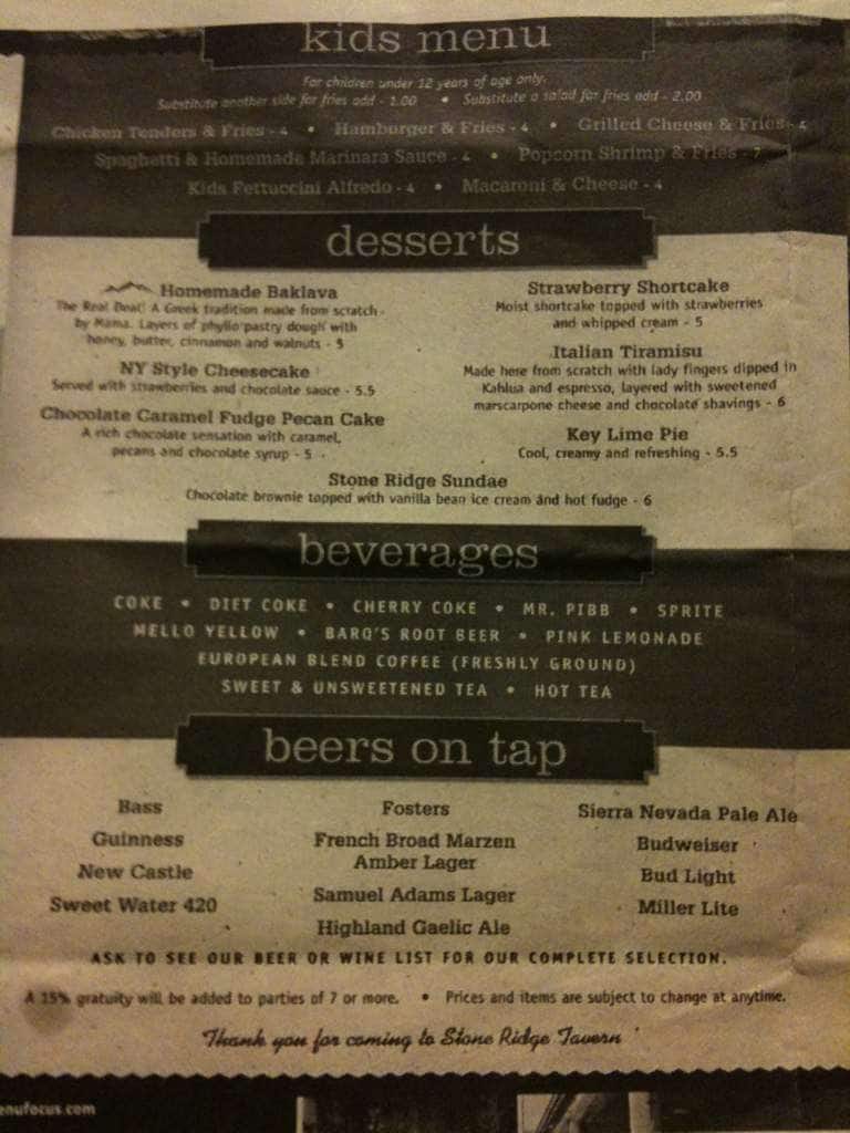 Menu at Stone Ridge Tavern restaurant, Asheville