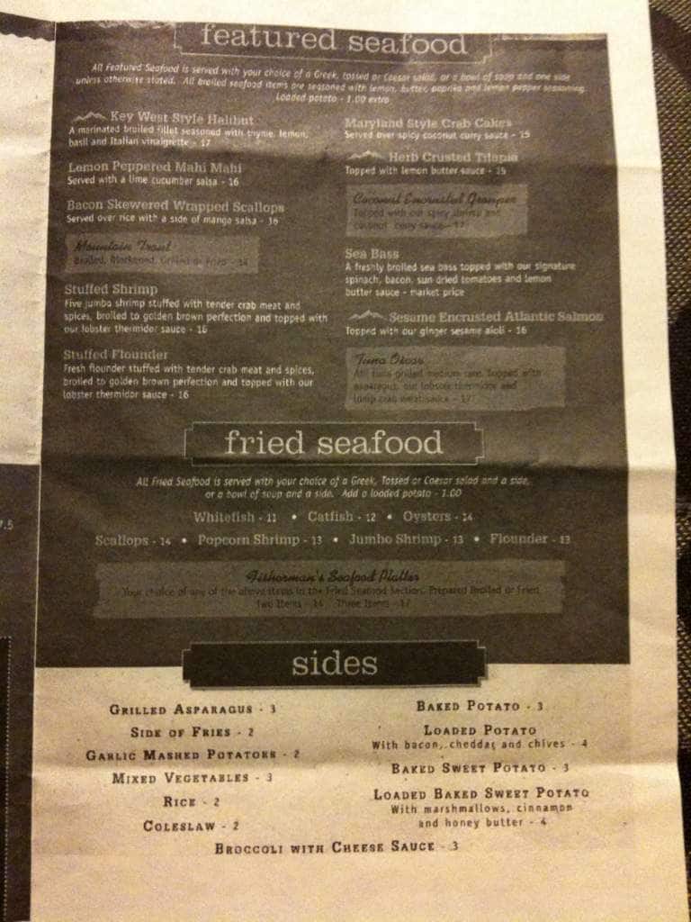 Menu at Stone Ridge Tavern restaurant, Asheville