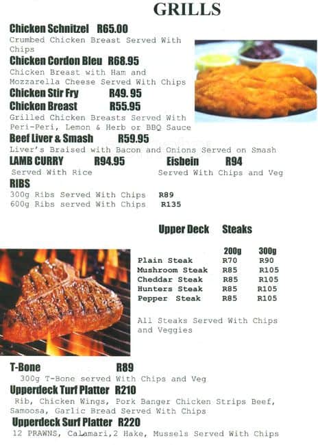 Menu at Upper Deck. restaurant, Nelspruit
