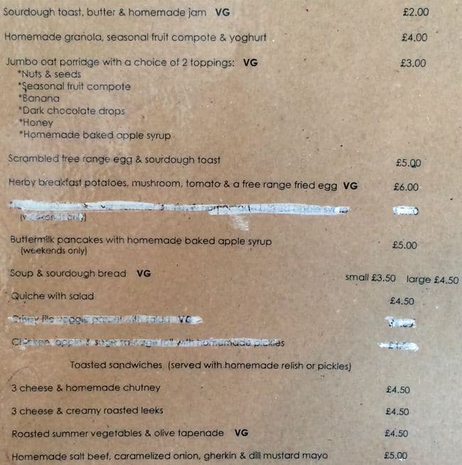 Menu at Wild Goose Bakery, London