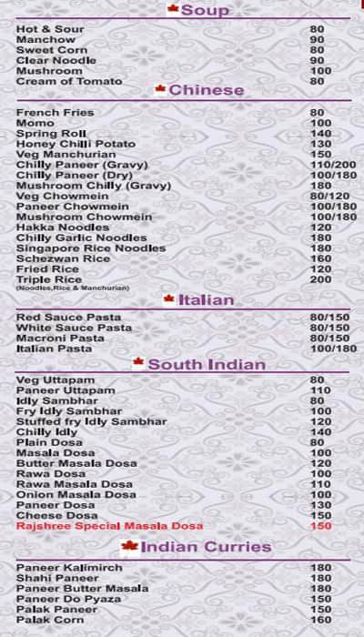 Menu of Rajshree Sweets & Restaurant, Indira Nagar, Lucknow