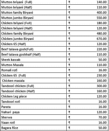 Menu at Hotel King Khaja, Hyderabad