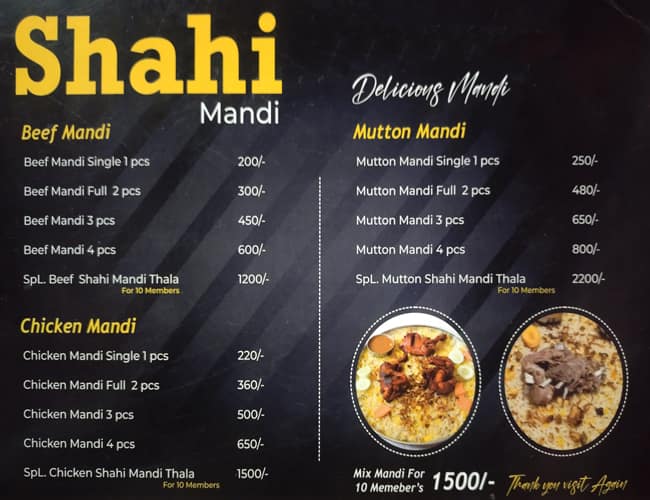 Menu of Shahi Mandi, Nampally, Hyderabad