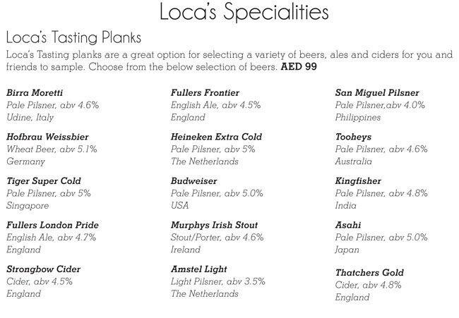Menu of Loca - Dubai Marine Beach Resort & Spa, Jumeirah 1, Dubai