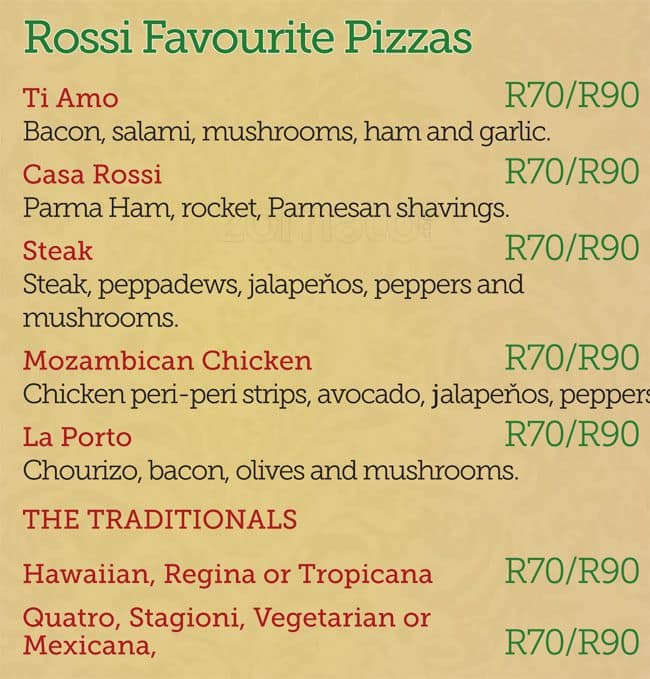 Menu au Casa ROSSI restaurant, Johannesburg, Dr.A.K.Seedat orthodontist
