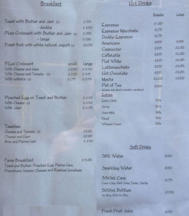 Menu at Cafe Fame, Glasgow