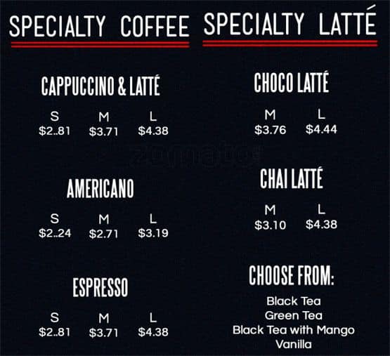 Menu at Mos Mos Coffee cafe, Toronto, 25 King St W C200