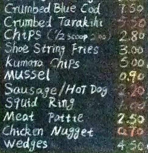 Menu at Burger Stop Sumner fast food, Christchurch