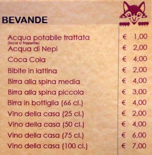 Menu da Tana della Volpe Ristorante Pizzeria, Roma