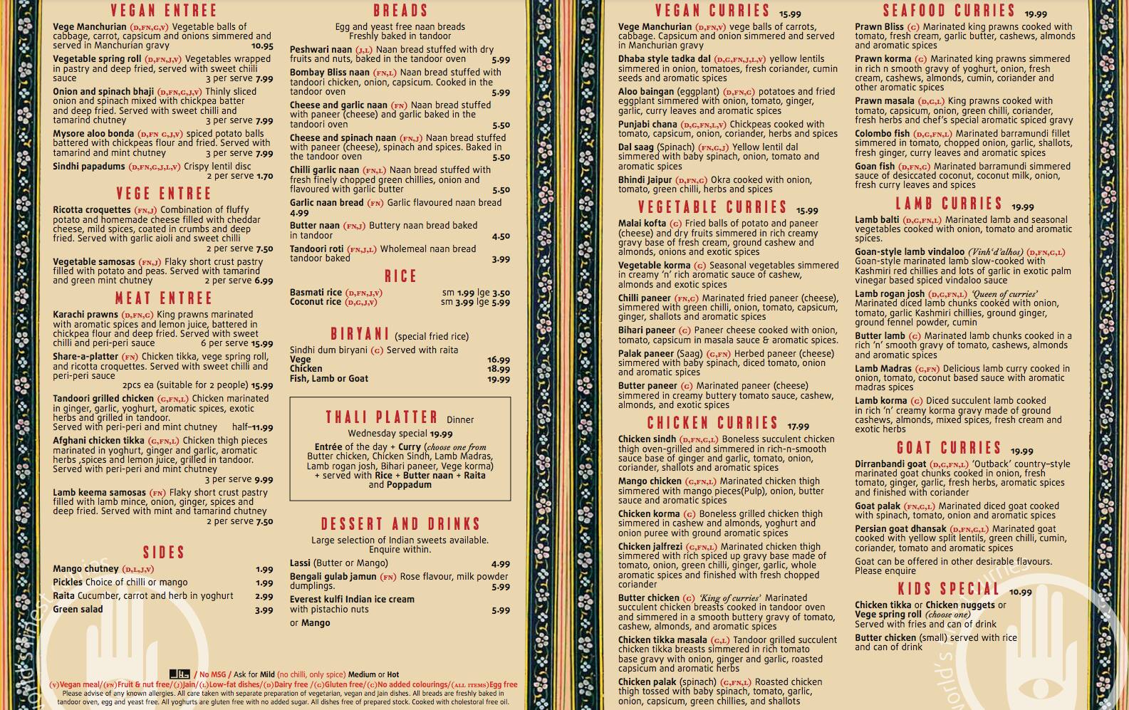 Menu at Bombay Bliss restaurant, Albany Creek