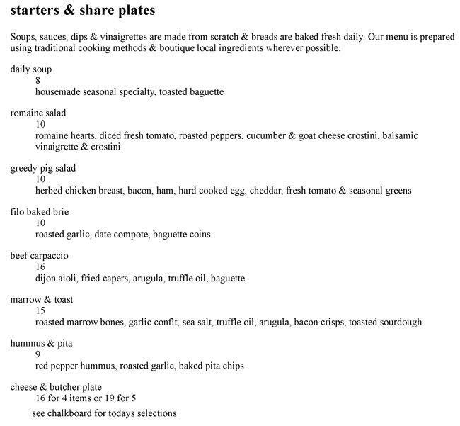 Menu at The Greedy Pig restaurant, Vancouver