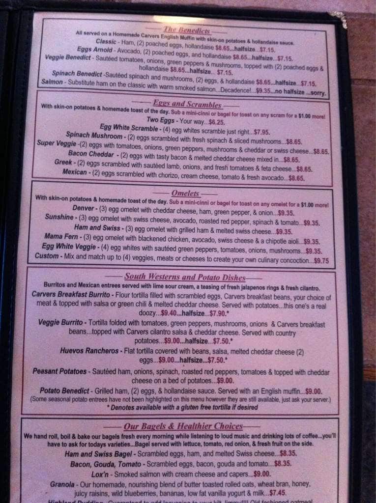 Menu at Carvers cafe, Winter Park