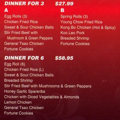 Menu au Good Fortune restaurant, Burlington