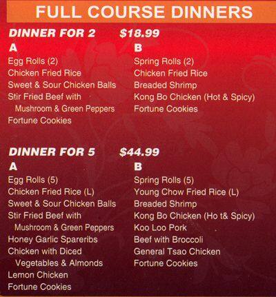 Menu au Good Fortune restaurant, Burlington