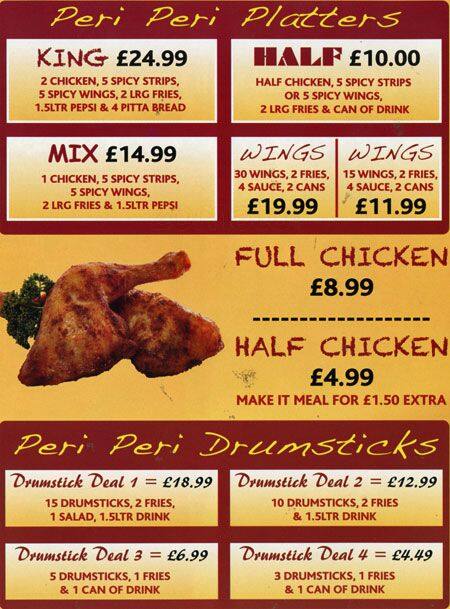 Menu at Peri King restaurant, Manchester