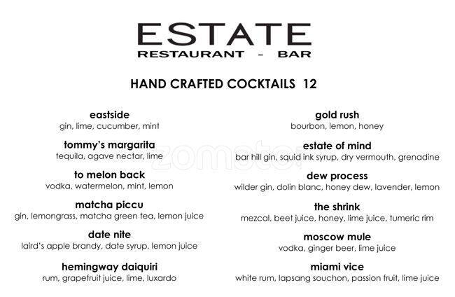Menu at Estate Restaurant and Bar, Los Angeles