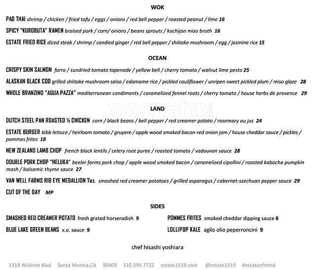 Menu at Estate Restaurant and Bar, Los Angeles