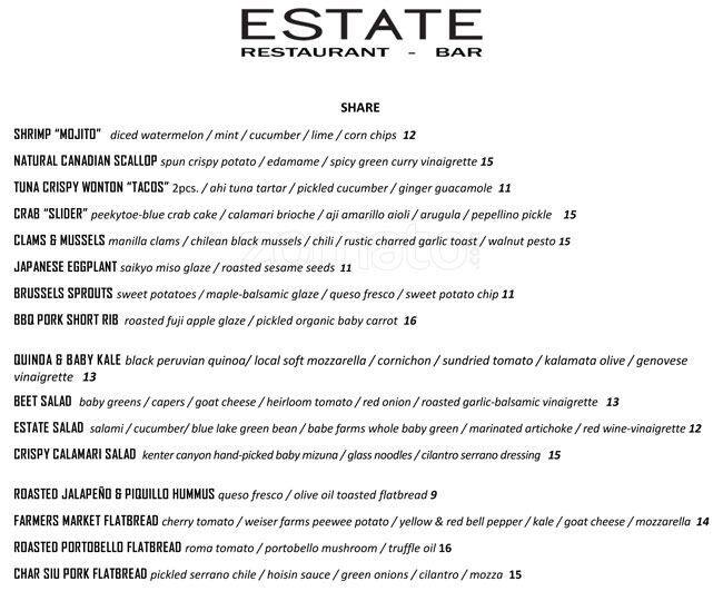 Menu at Estate Restaurant and Bar, Los Angeles