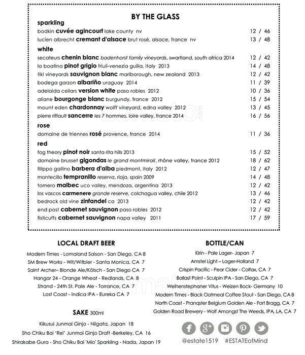 Carta de Estate Restaurant and Bar, Los Angeles