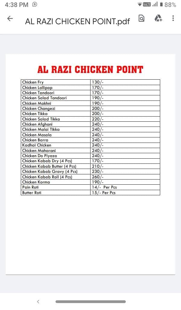 Menu of Al Razi Chicken Point, Shalimar Garden, Ghaziabad