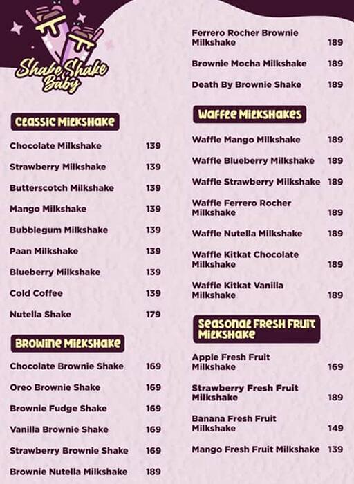 Menu of Shake Shake Baby, Manikonda, Hyderabad