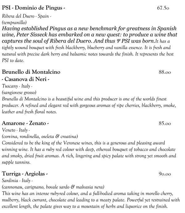 Menu at Frantoio restaurant, London