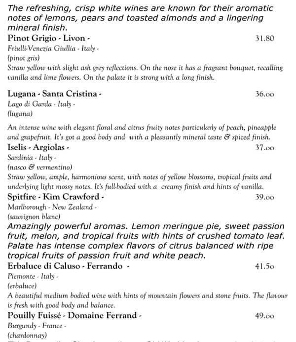 Menu at Frantoio restaurant, London