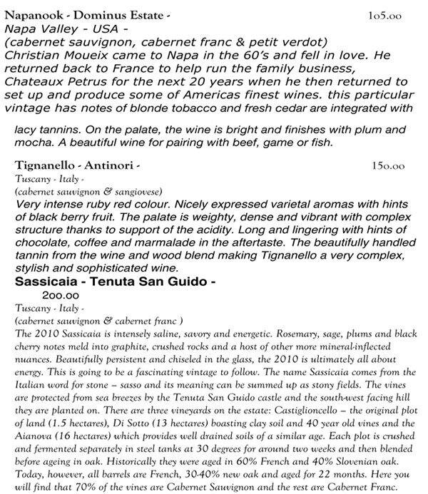 Menu at Frantoio restaurant, London