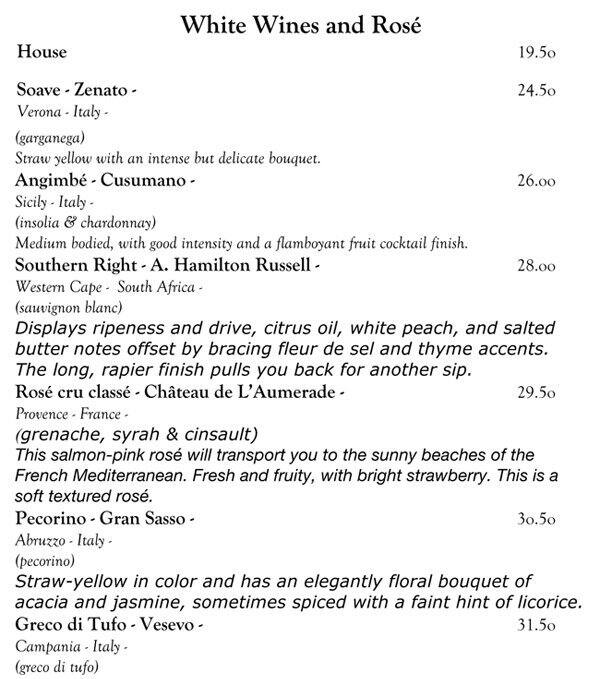 Menu at Frantoio restaurant, London