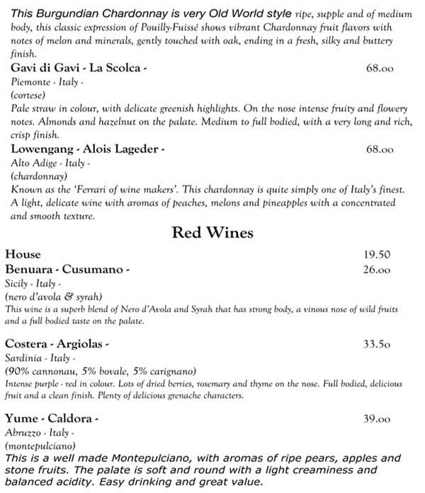 Menu at Frantoio restaurant, London