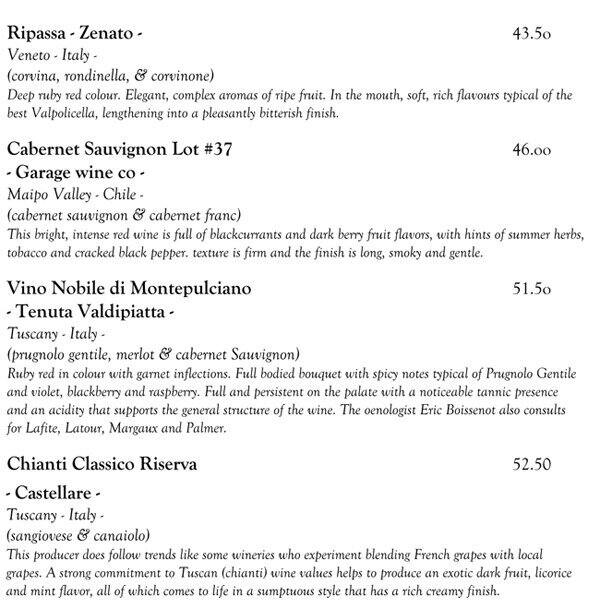 Menu at Frantoio restaurant, London