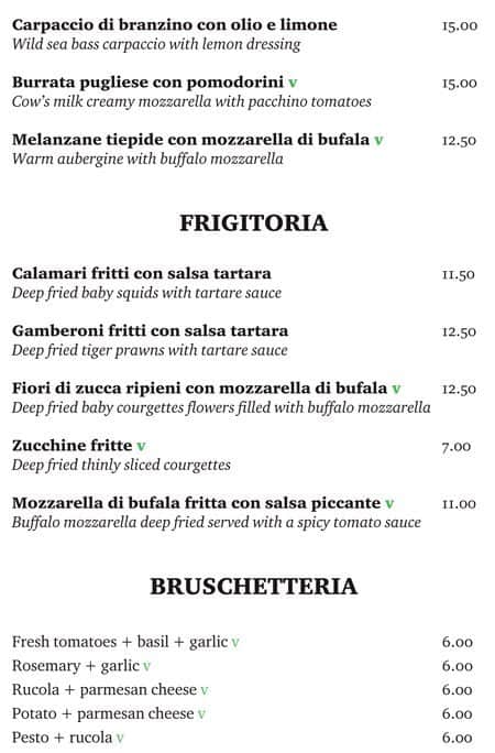 Menu at Frantoio restaurant, London