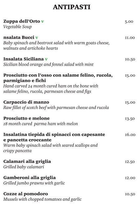 Menu at Frantoio restaurant, London