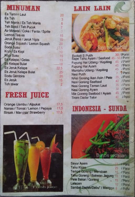 Menu at Taman Laut restaurant, Bogor