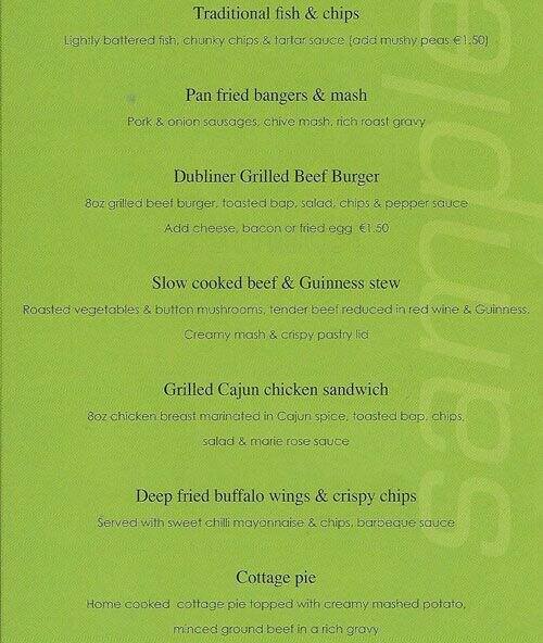 Menu at The Old Mill pub & bar, Dublin, 14 Temple Bar Square