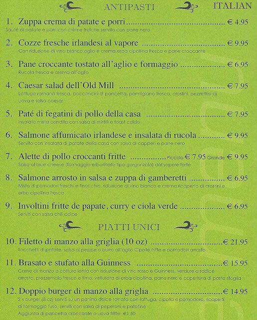 Menu at The Old Mill pub & bar, Dublin, 14 Temple Bar Square