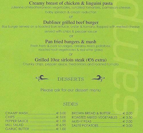 Menu at The Old Mill pub & bar, Dublin, 14 Temple Bar Square