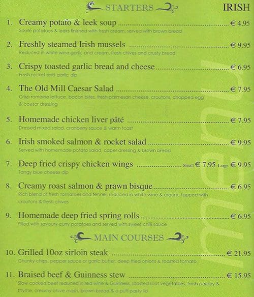 Menu at The Old Mill pub & bar, Dublin, 14 Temple Bar Square