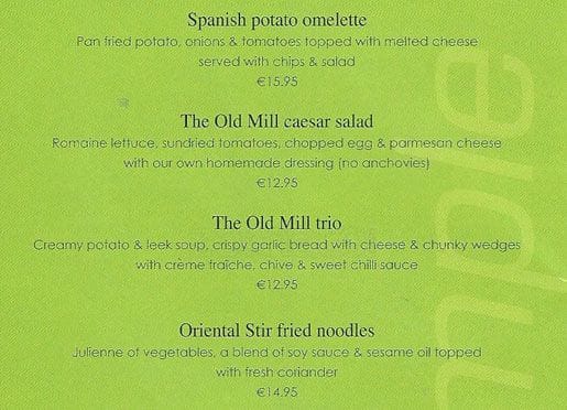 Menu at The Old Mill pub & bar, Dublin, 14 Temple Bar Square