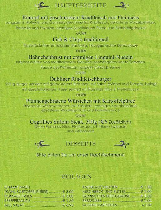 Menu at The Old Mill pub & bar, Dublin, 14 Temple Bar Square